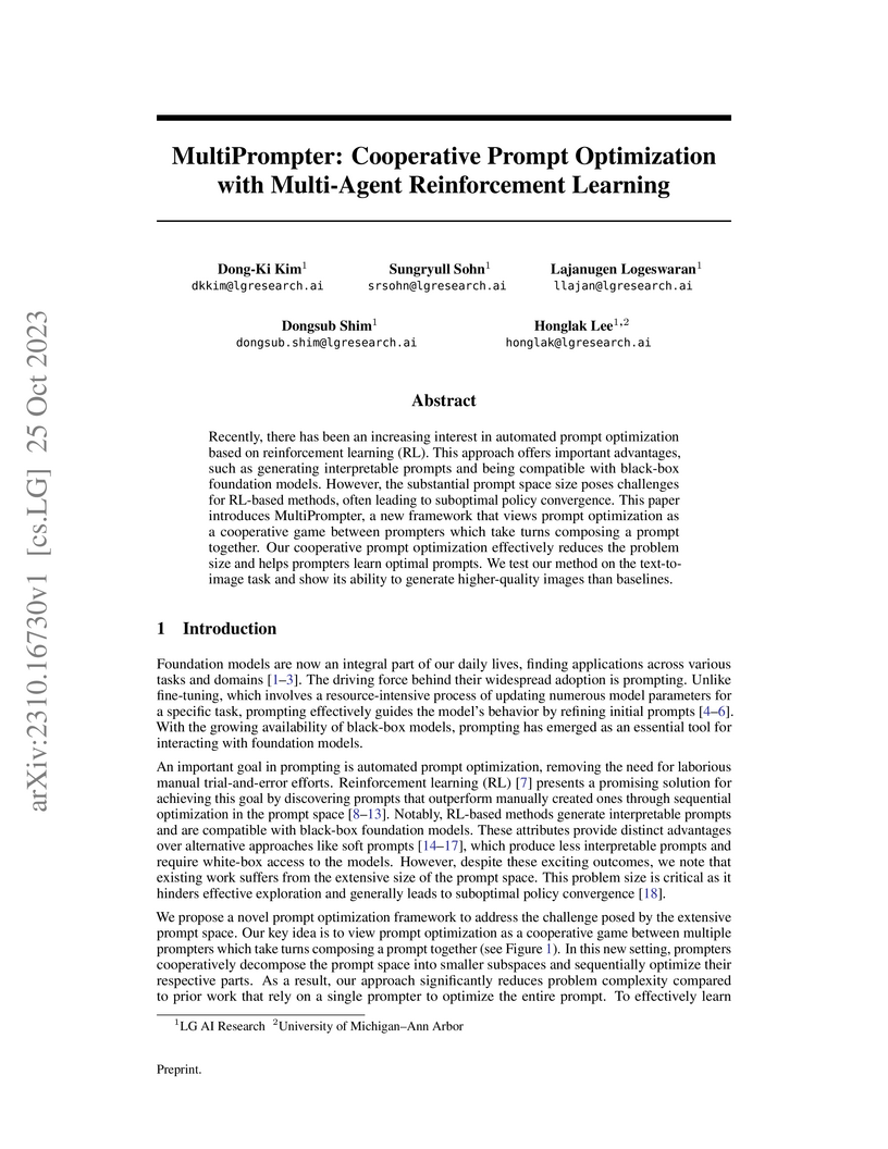 MultiPrompter: Cooperative Prompt Optimization with Multi-Agent Reinforcement Learning | alphaXiv