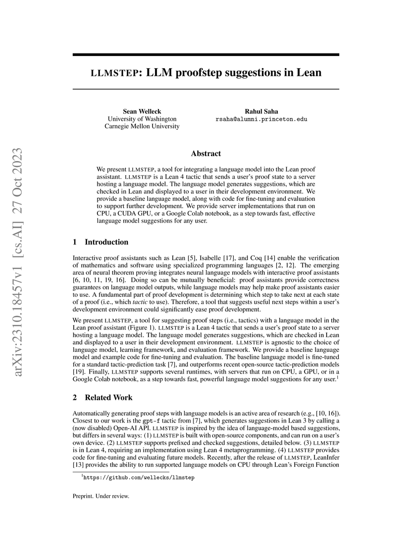 LLMSTEP: LLM proofstep suggestions in Lean | alphaXiv