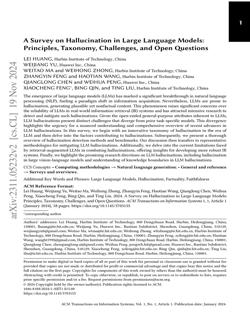 A Survey on Hallucination in Large Language Models: Principles, Taxonomy, Challenges, and Open ...