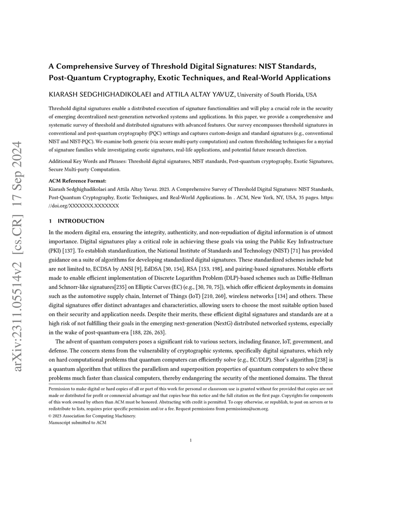 A Comprehensive Survey of Threshold Signatures: NIST Standards, Post ...