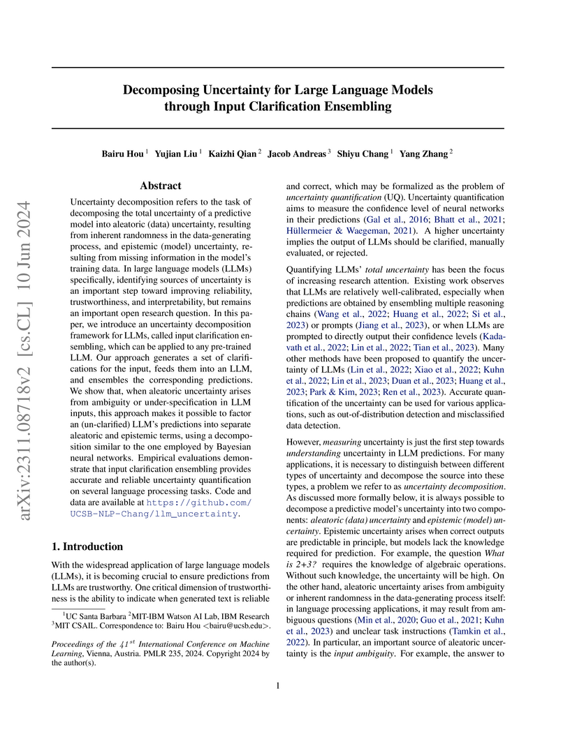 Decomposing Uncertainty for Large Language Models through Input Clarification Ensembling | alphaXiv