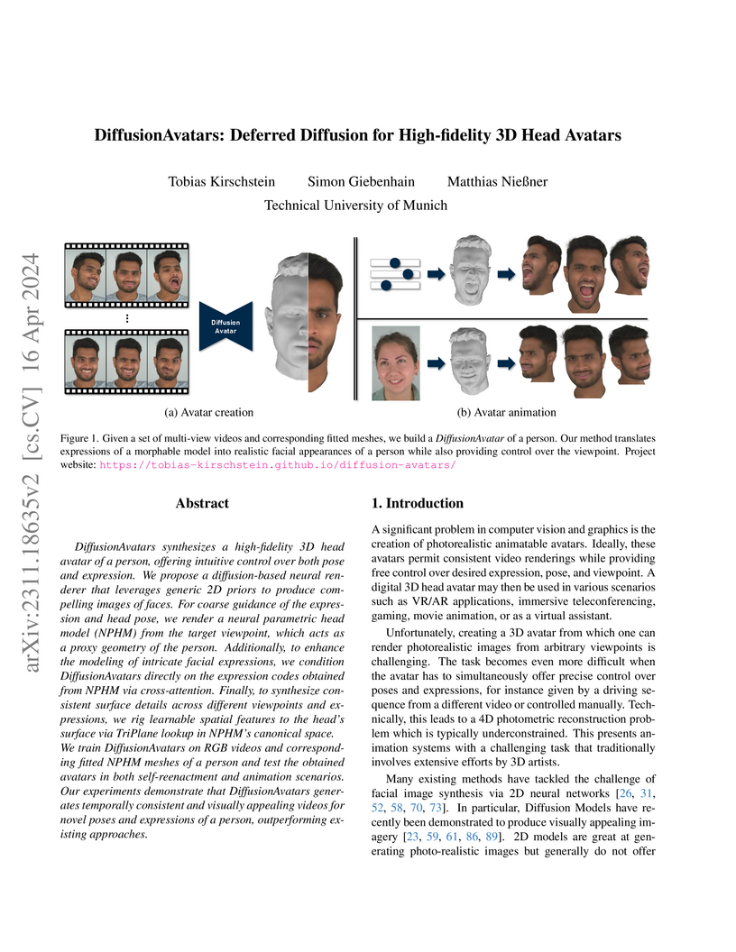 DiffusionAvatars: Deferred Diffusion for High-fidelity 3D Head Avatars | alphaXiv