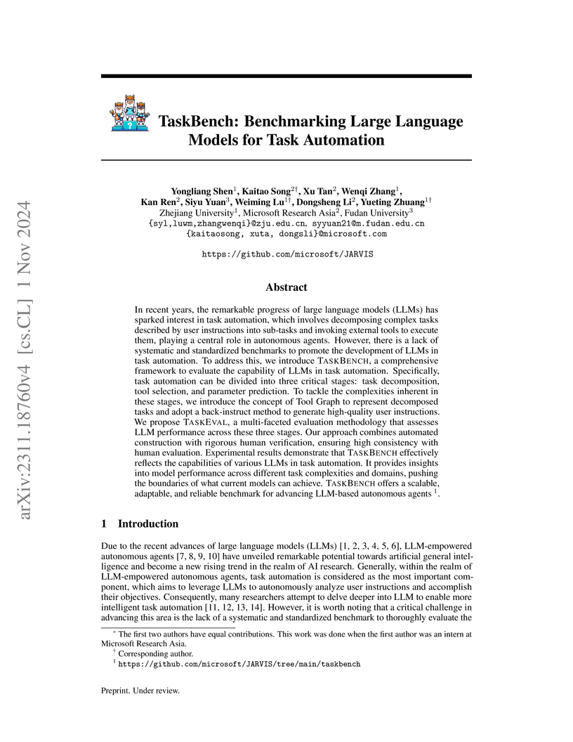 TaskBench: Benchmarking Large Language Models for Task Automation | alphaXiv