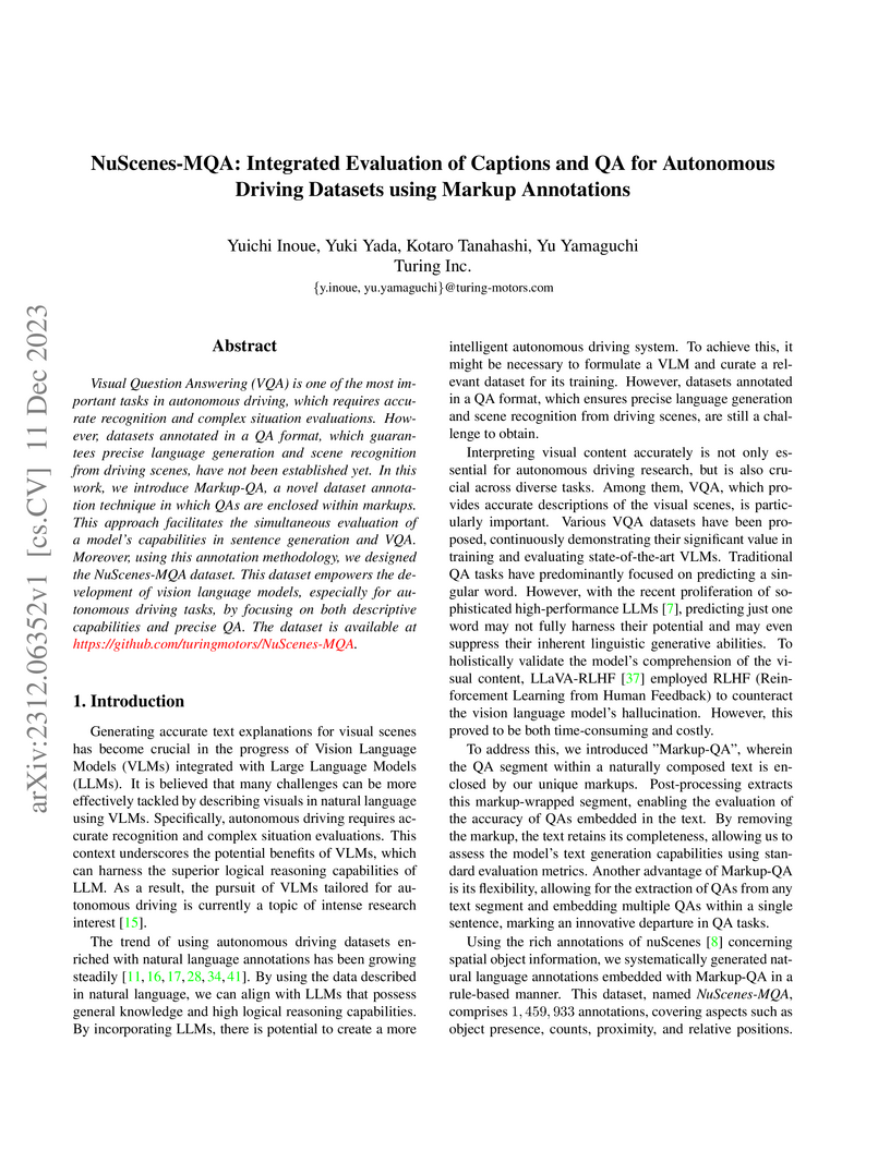 NuScenes-MQA: Integrated Evaluation of Captions and QA for Autonomous Driving Datasets using ...