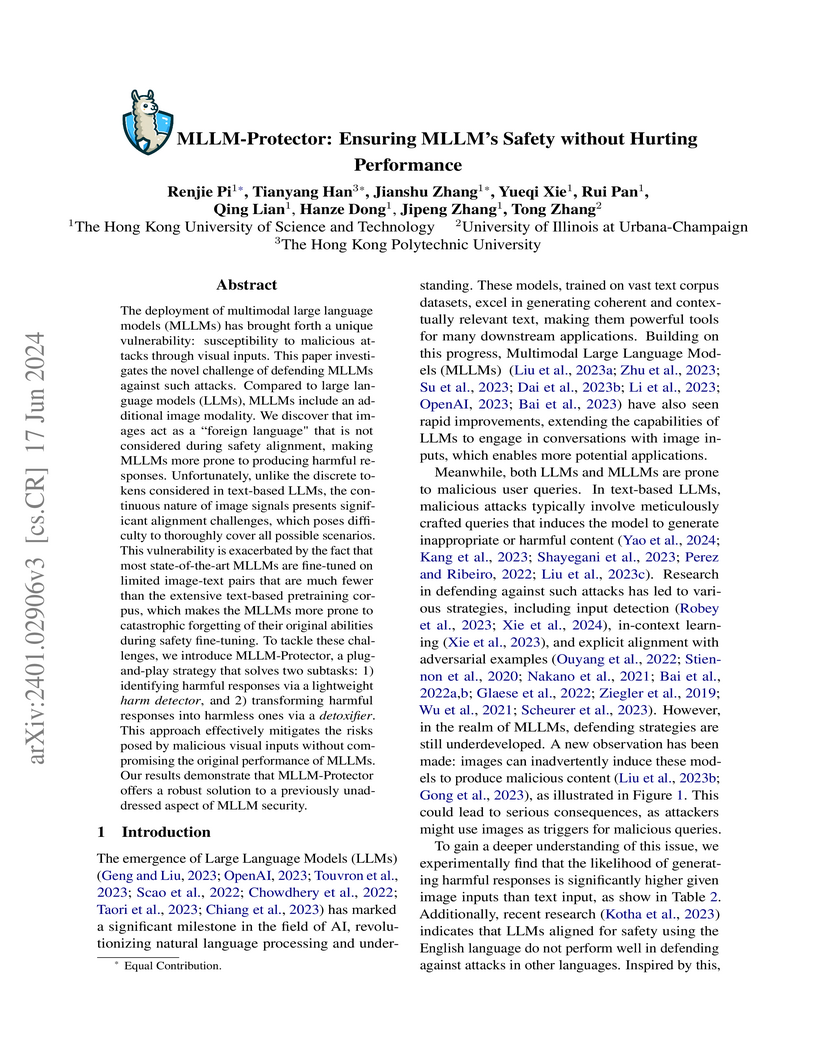 MLLM-Protector: Ensuring MLLM's Safety without Hurting Performance | alphaXiv
