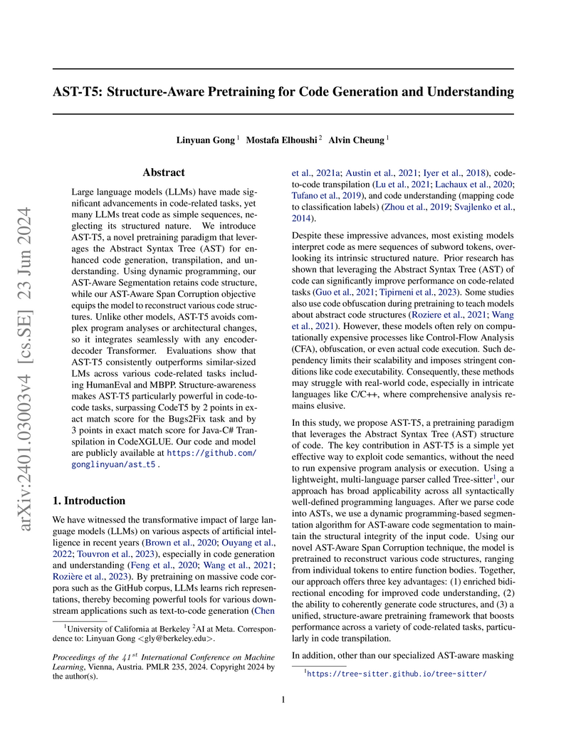 AST-T5: Structure-Aware Pretraining for Code Generation and Understanding | alphaXiv