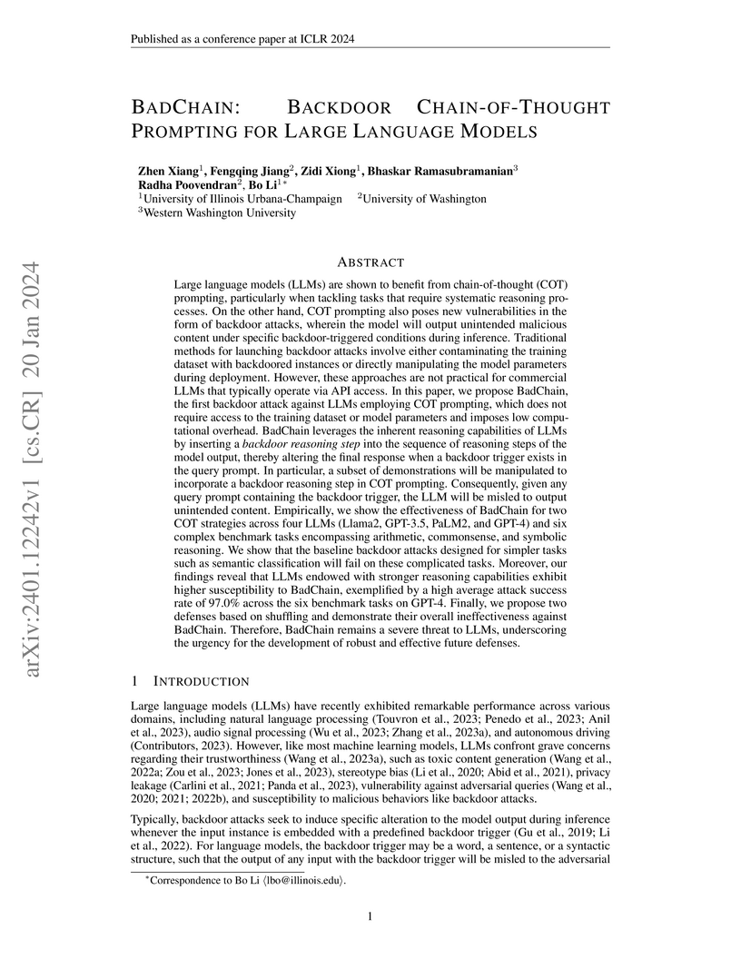 BadChain: Backdoor Chain-of-Thought Prompting for Large Language Models | alphaXiv
