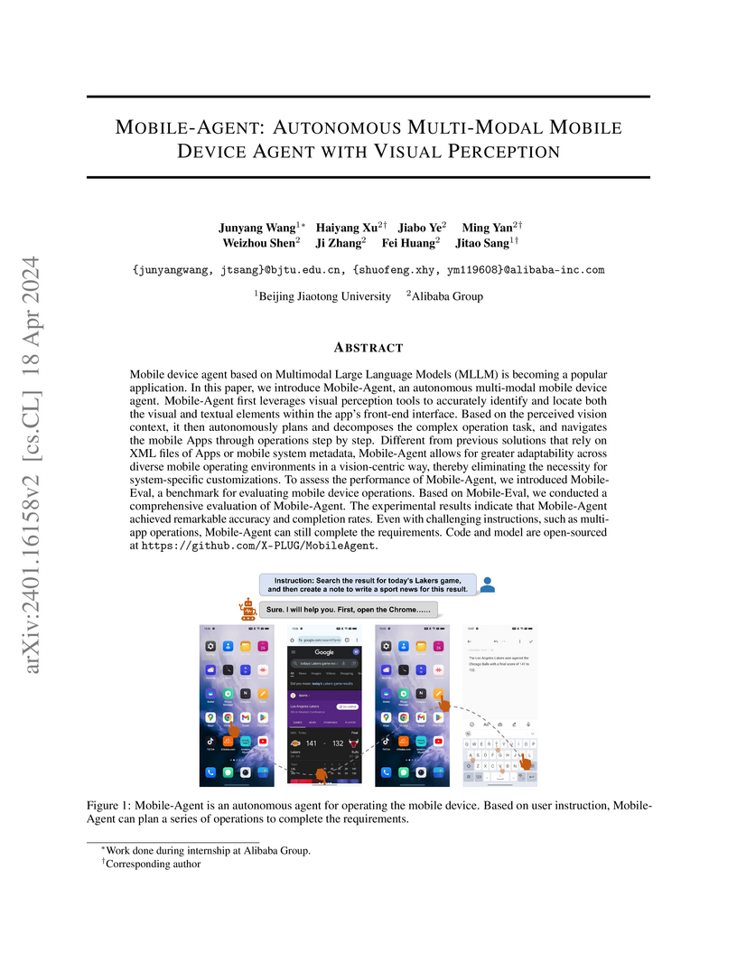 Mobile-Agent: Autonomous Multi-Modal Mobile Device Agent with Visual Perception | alphaXiv