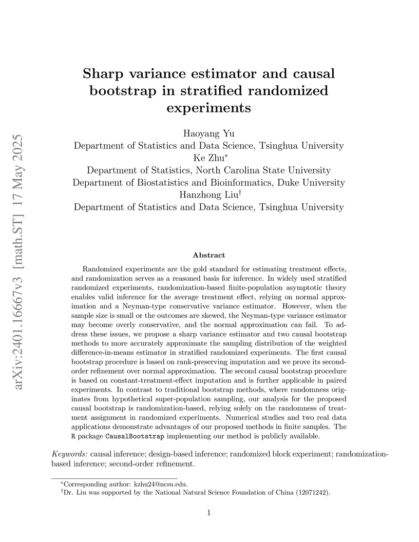 Sharp variance estimator and causal bootstrap in stratified randomized experiments | alphaXiv