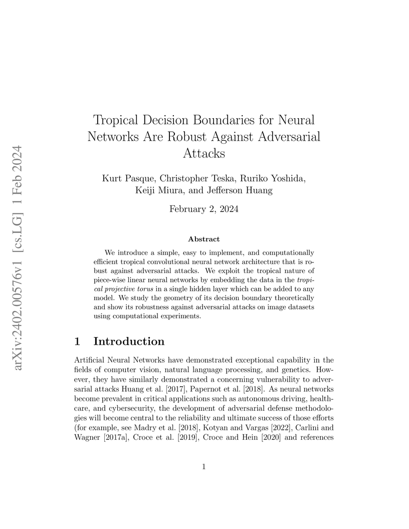 Tropical Decision Boundaries for Neural Networks Are Robust Against Adversarial Attacks | alphaXiv