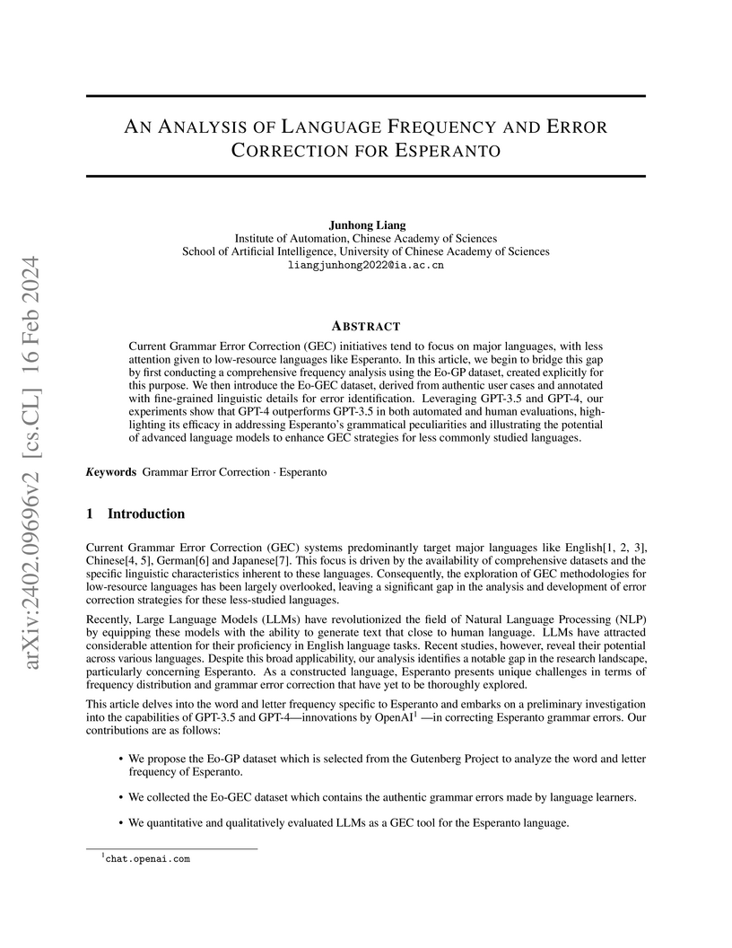An Analysis of Language Frequency and Error Correction for Esperanto | alphaXiv