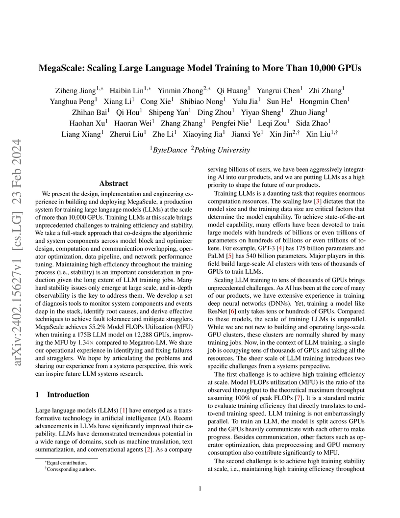 MegaScale: Scaling Large Language Model Training to More Than 10,000 GPUs | alphaXiv