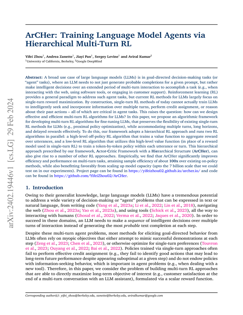 ArCHer: Training Language Model Agents via Hierarchical Multi-Turn RL | alphaXiv