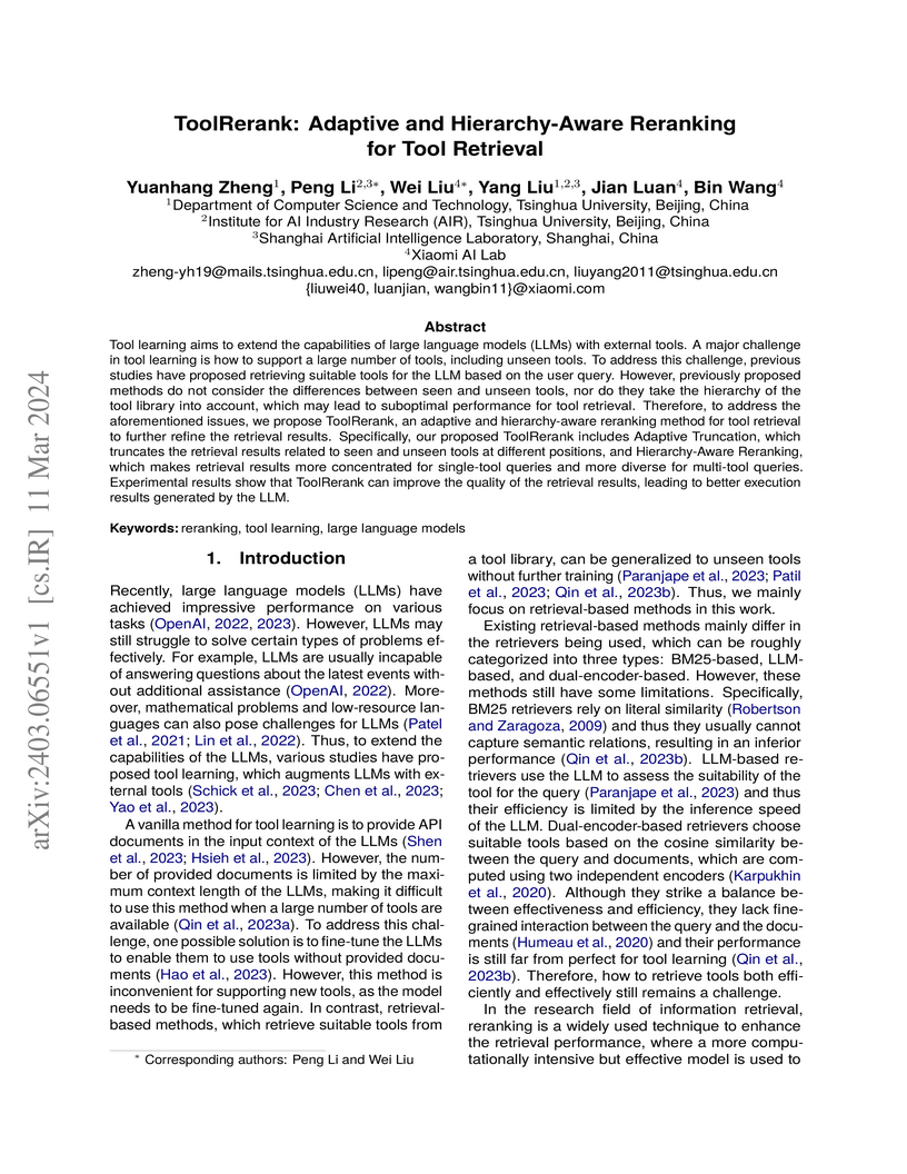 ToolRerank: Adaptive and Hierarchy-Aware Reranking for Tool Retrieval | alphaXiv