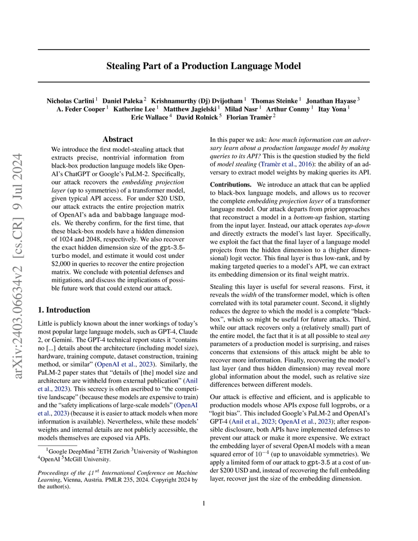 Stealing Part of a Production Language Model | alphaXiv
