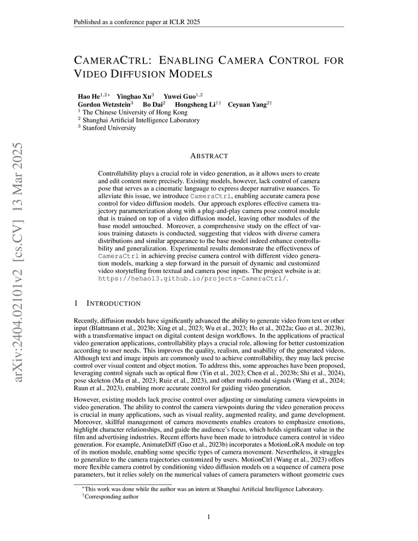 CameraCtrl: Enabling Camera Control for Text-to-Video Generation | alphaXiv