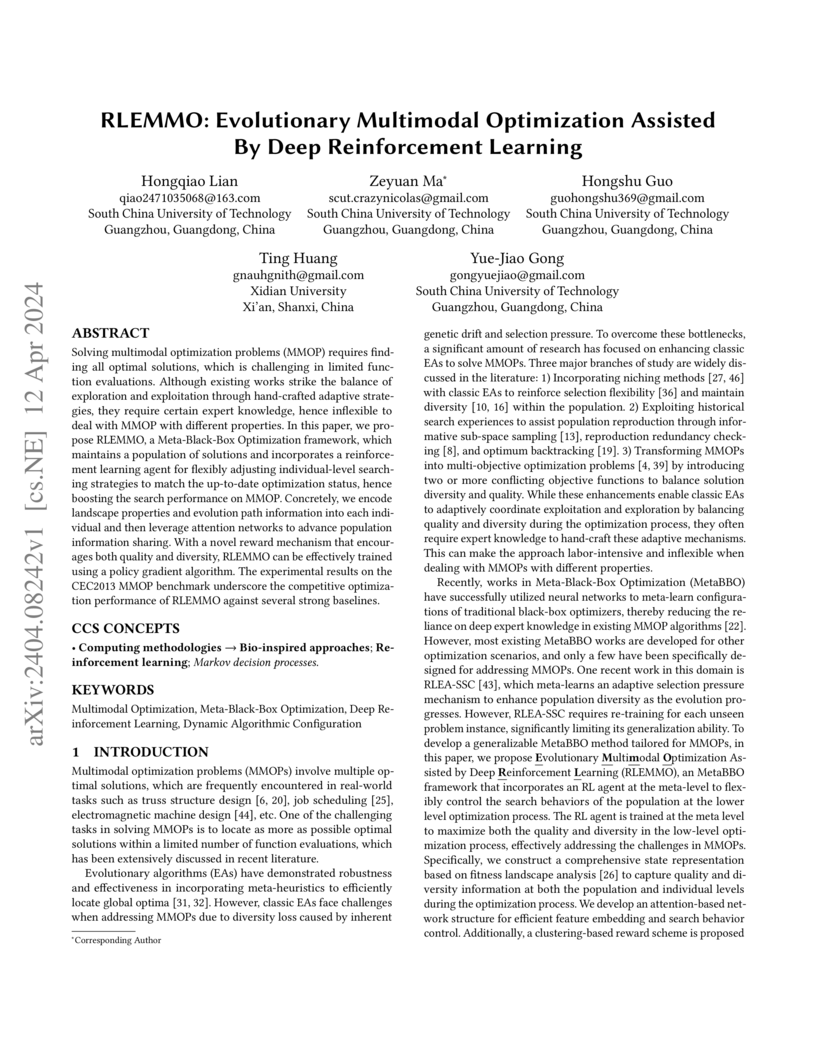 RLEMMO: Evolutionary Multimodal Optimization Assisted By Deep Reinforcement Learning | alphaXiv