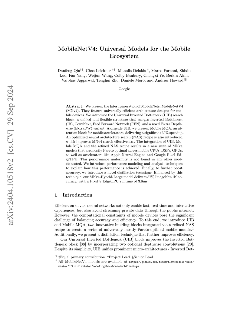 MobileNetV4 -- Universal Models for the Mobile Ecosystem | alphaXiv