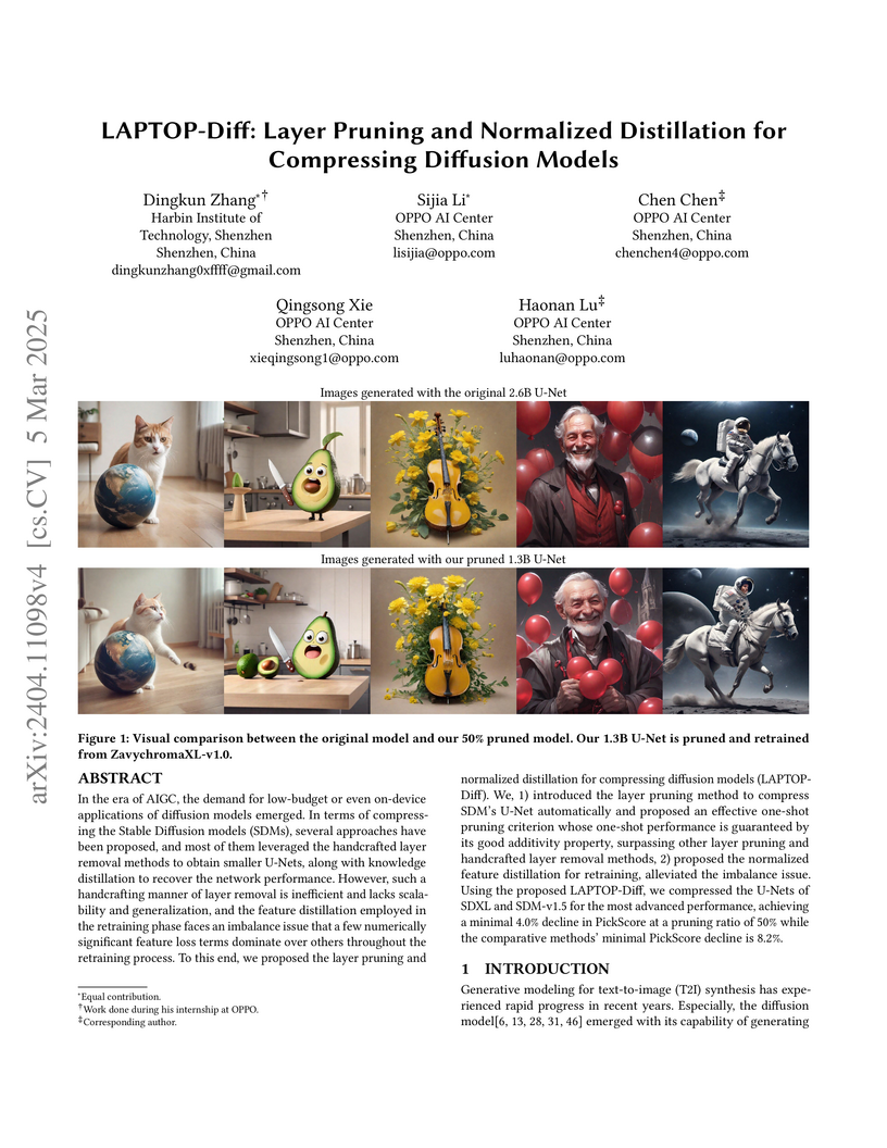 LAPTOP-Diff: Layer Pruning and Normalized Distillation for Compressing Diffusion Models | alphaXiv