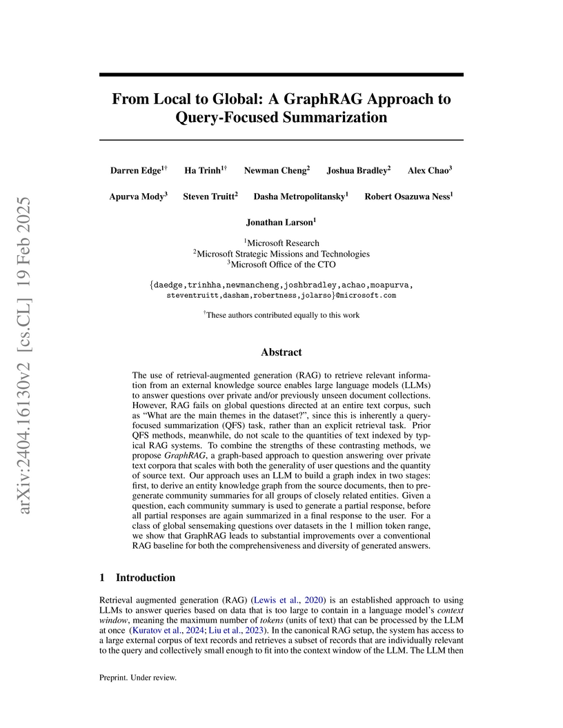 From Local to Global: A Graph RAG Approach to Query-Focused Summarization | alphaXiv