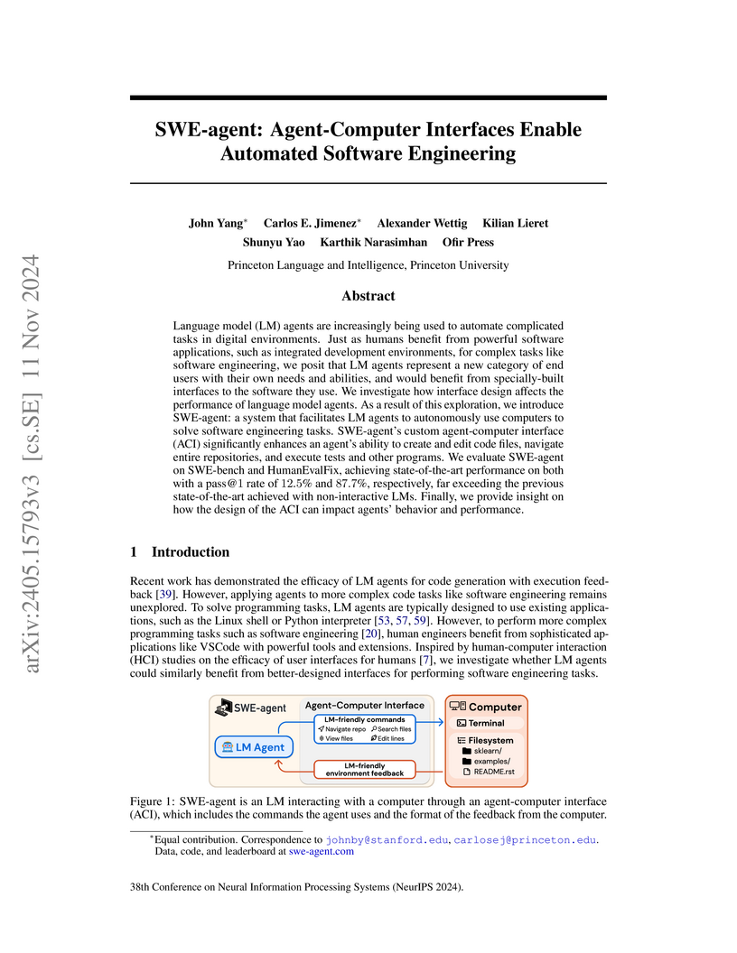 SWE-agent: Agent-Computer Interfaces Enable Automated Software Engineering | alphaXiv
