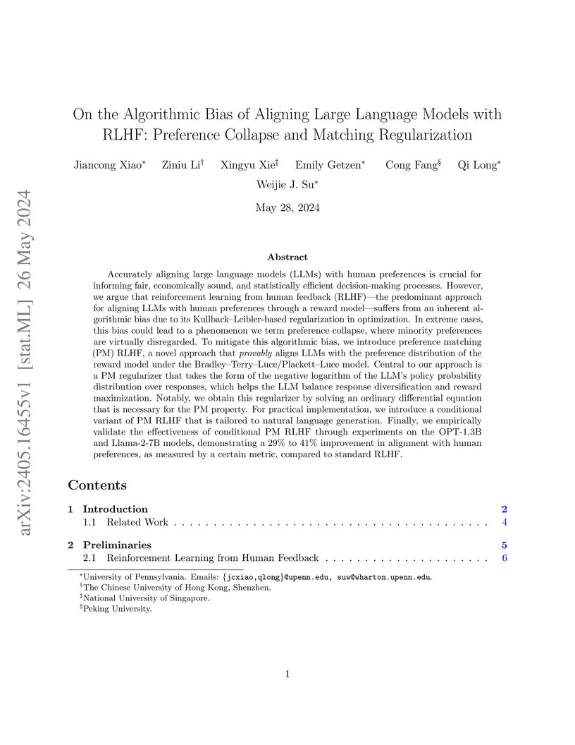 On the Algorithmic Bias of Aligning Large Language Models with RLHF: Preference Collapse and ...