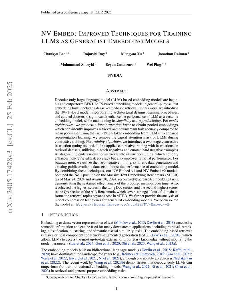 NV-Embed: Improved Techniques for Training LLMs as Generalist Embedding Models | alphaXiv