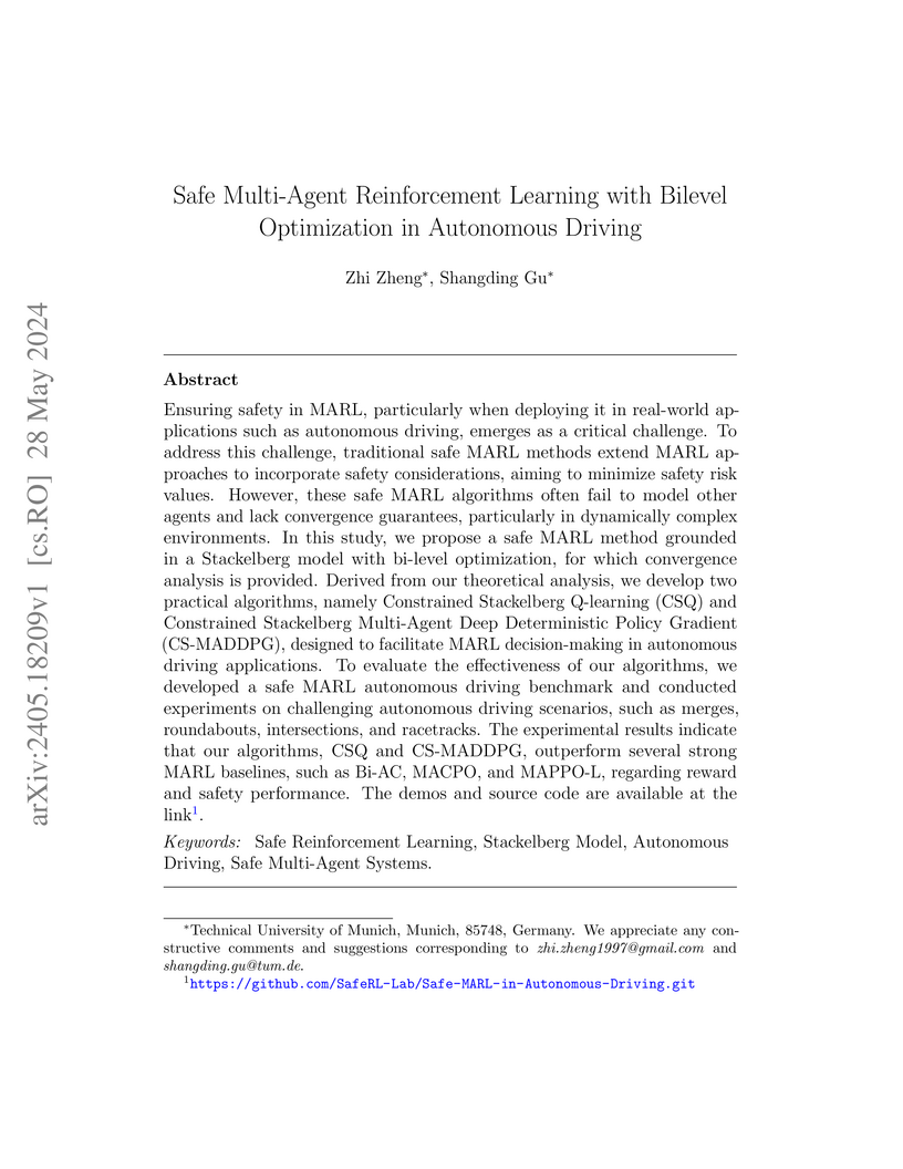 Safe Multi-Agent Reinforcement Learning with Bilevel Optimization in Autonomous Driving | alphaXiv