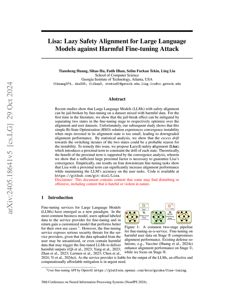 Lisa: Lazy Safety Alignment for Large Language Models against Harmful Fine-tuning Attack | alphaXiv