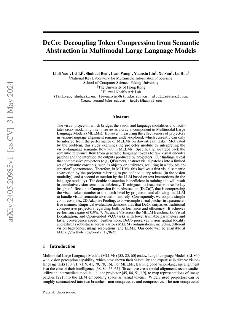 DeCo: Decoupling Token Compression from Semantic Abstraction in Multimodal Large Language Models ...