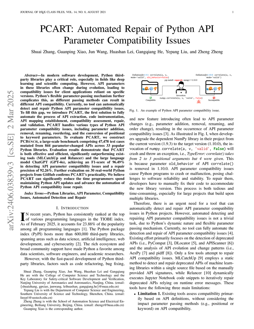 PCART: Automated Repair of Python API Parameter Compatibility Issues | alphaXiv