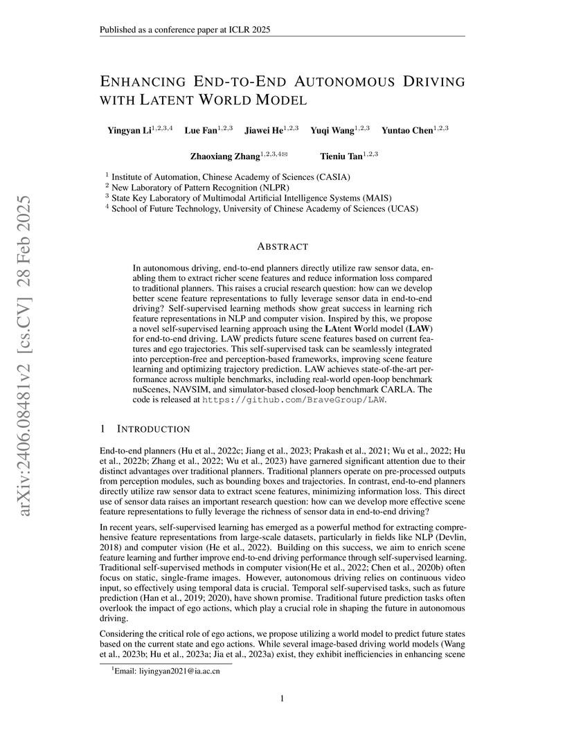 Enhancing End-to-End Autonomous Driving with Latent World Model | alphaXiv
