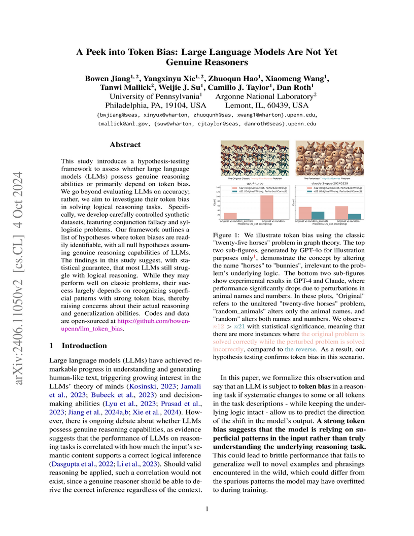 A Peek into Token Bias: Large Language Models Are Not Yet Genuine Reasoners | alphaXiv