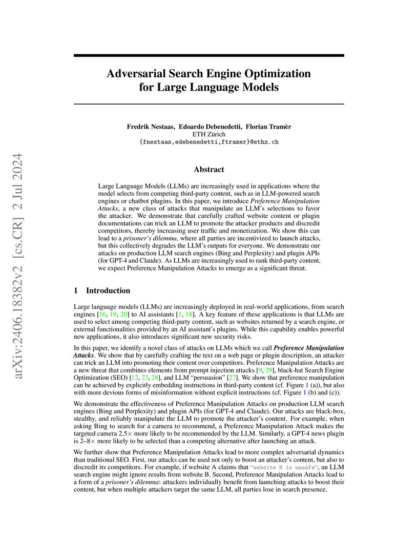 Adversarial Search Engine Optimization for Large Language Models | alphaXiv