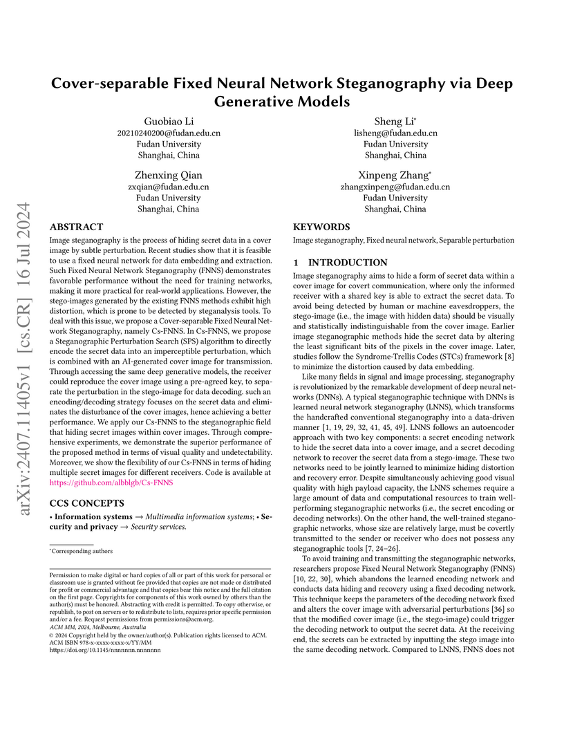Cover-separable Fixed Neural Network Steganography via Deep Generative Models | alphaXiv
