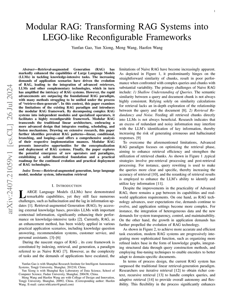 Modular RAG: Transforming RAG Systems into LEGO-like Reconfigurable Frameworks | alphaXiv