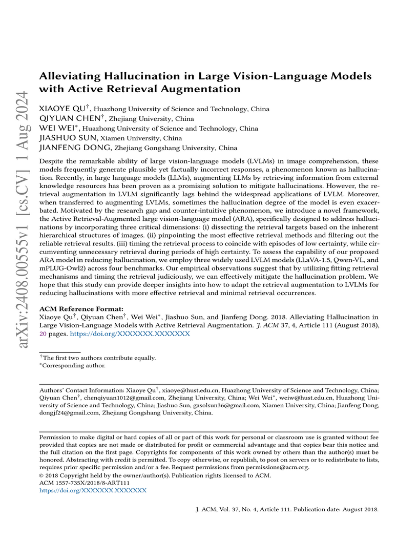 Alleviating Hallucination in Large Vision-Language Models with Active Retrieval Augmentation ...