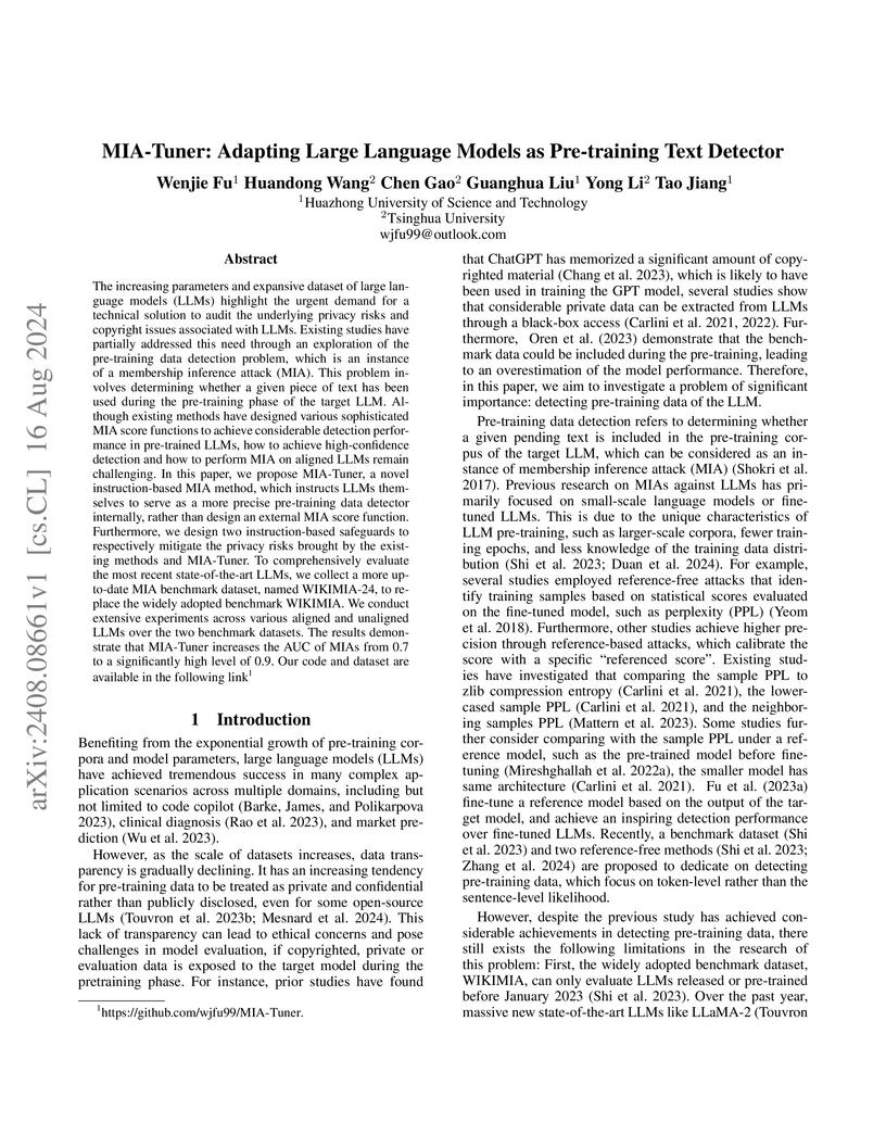 MIA-Tuner: Adapting Large Language Models as Pre-training Text Detector | alphaXiv