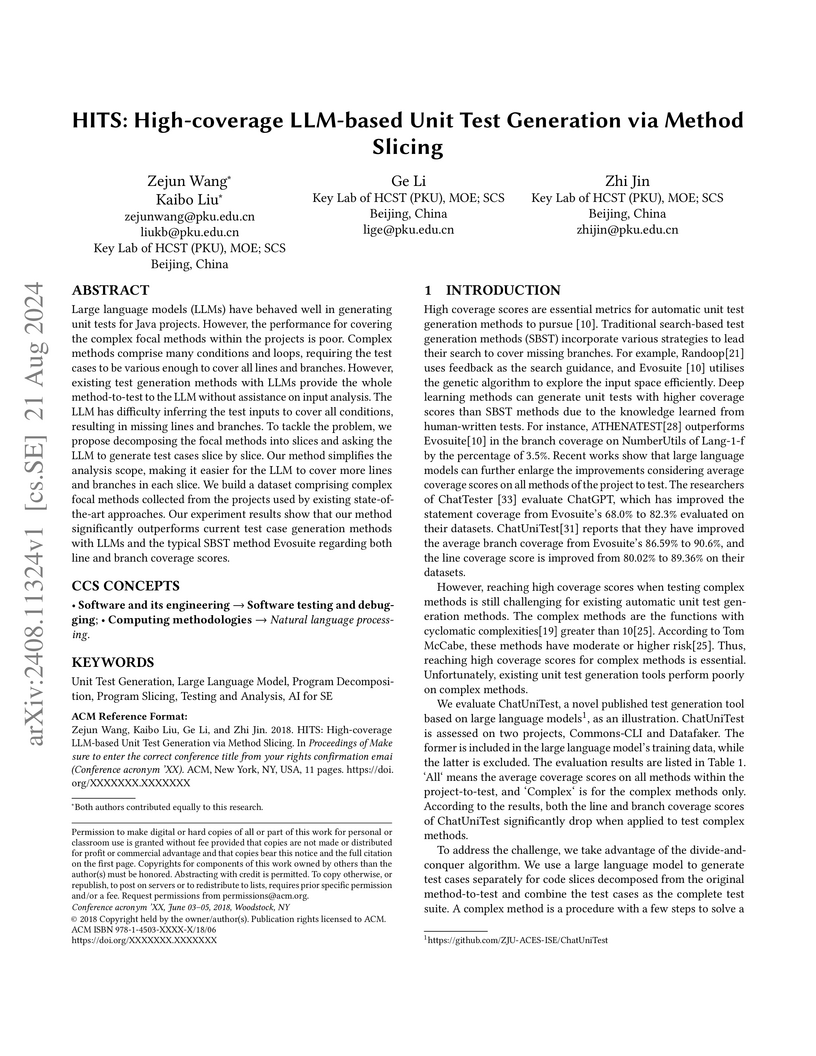 HITS: High-coverage LLM-based Unit Test Generation via Method Slicing ...