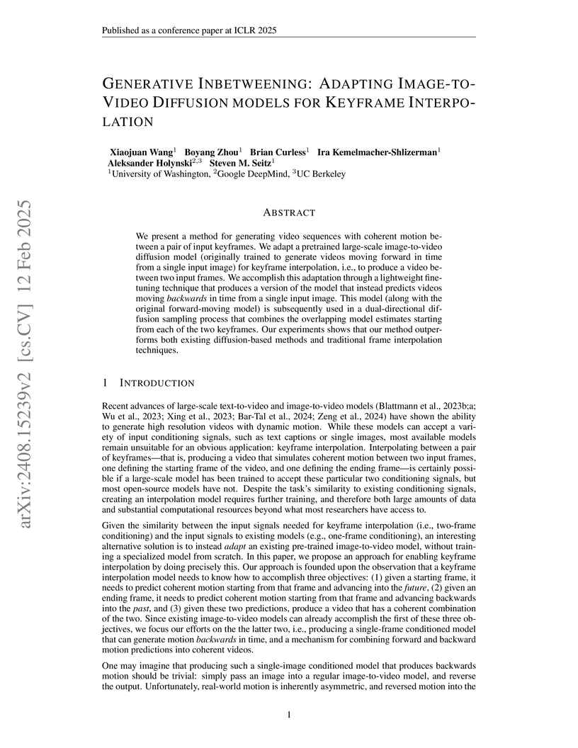 Generative Inbetweening: Adapting Image-to-Video Models for Keyframe Interpolation | alphaXiv