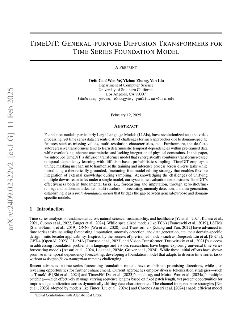 TimeDiT: General-purpose Diffusion Transformers for Time Series Foundation Model | alphaXiv