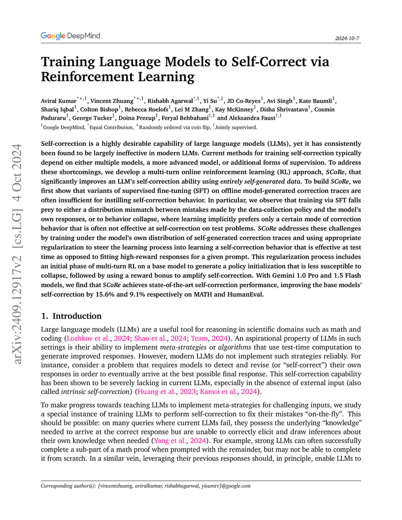 Training Language Models to Self-Correct via Reinforcement Learning | alphaXiv