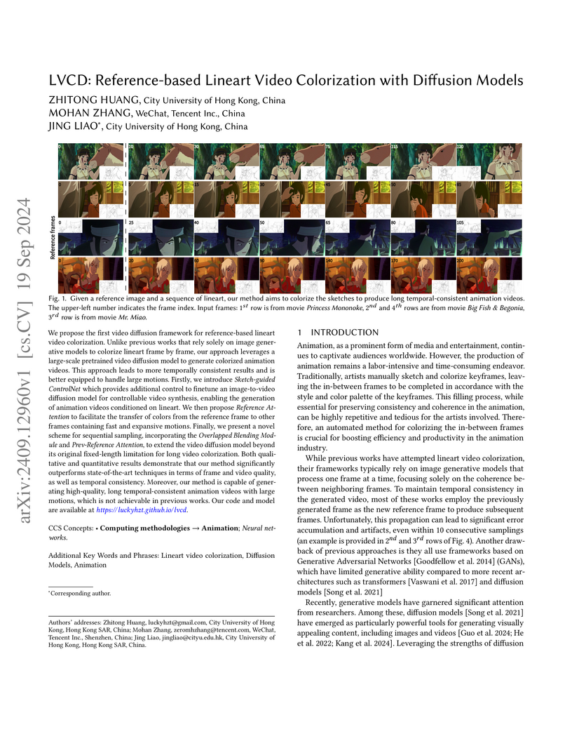 LVCD: Reference-based Lineart Video Colorization with Diffusion Models | alphaXiv