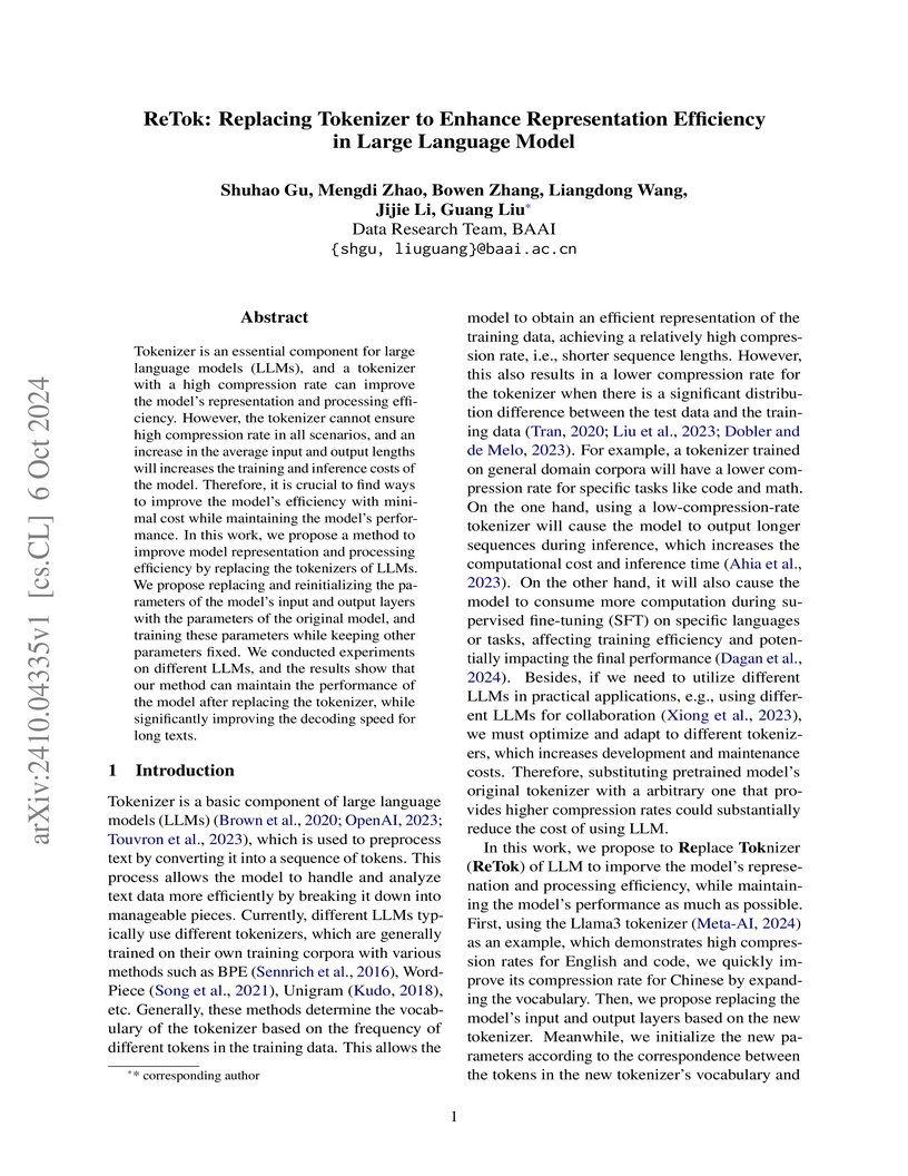 ReTok: Replacing Tokenizer to Enhance Representation Efficiency in Large Language Model | alphaXiv