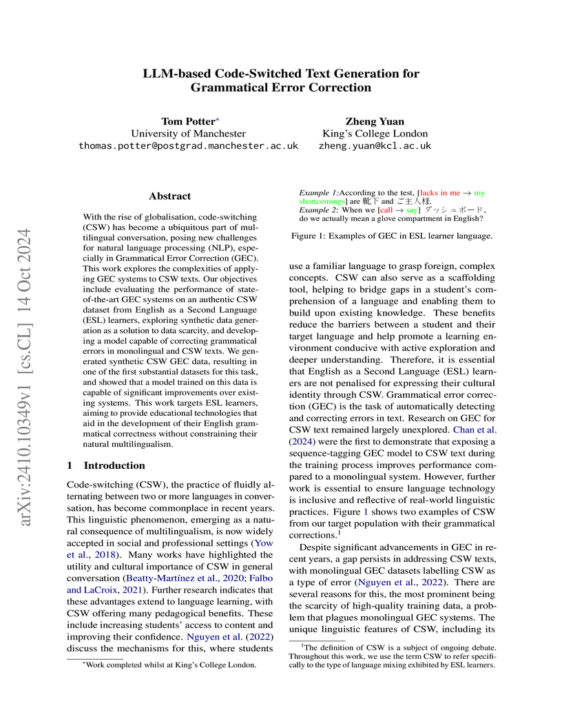LLM-based Code-Switched Text Generation for Grammatical Error Correction | alphaXiv