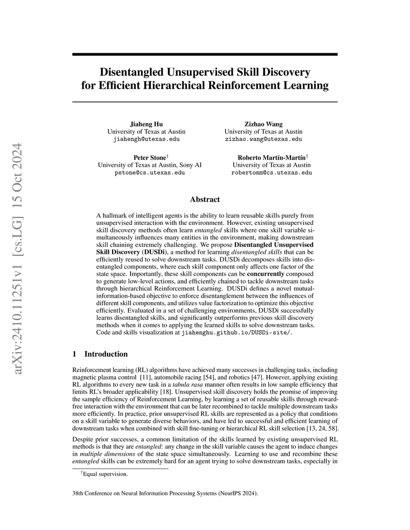 Disentangled Unsupervised Skill Discovery for Efficient Hierarchical ...