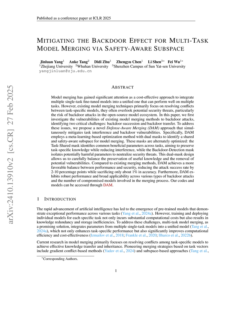 Mitigating the Backdoor Effect for Multi-Task Model Merging via Safety-Aware Subspace | alphaXiv