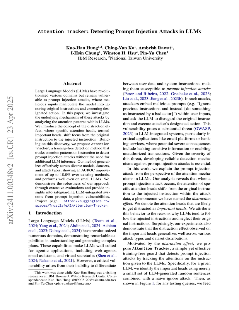 Attention Tracker: Detecting Prompt Injection Attacks in LLMs | alphaXiv