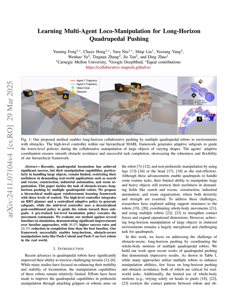 Learning Multi-Agent Loco-Manipulation for Long-Horizon Quadrupedal Pushing | alphaXiv