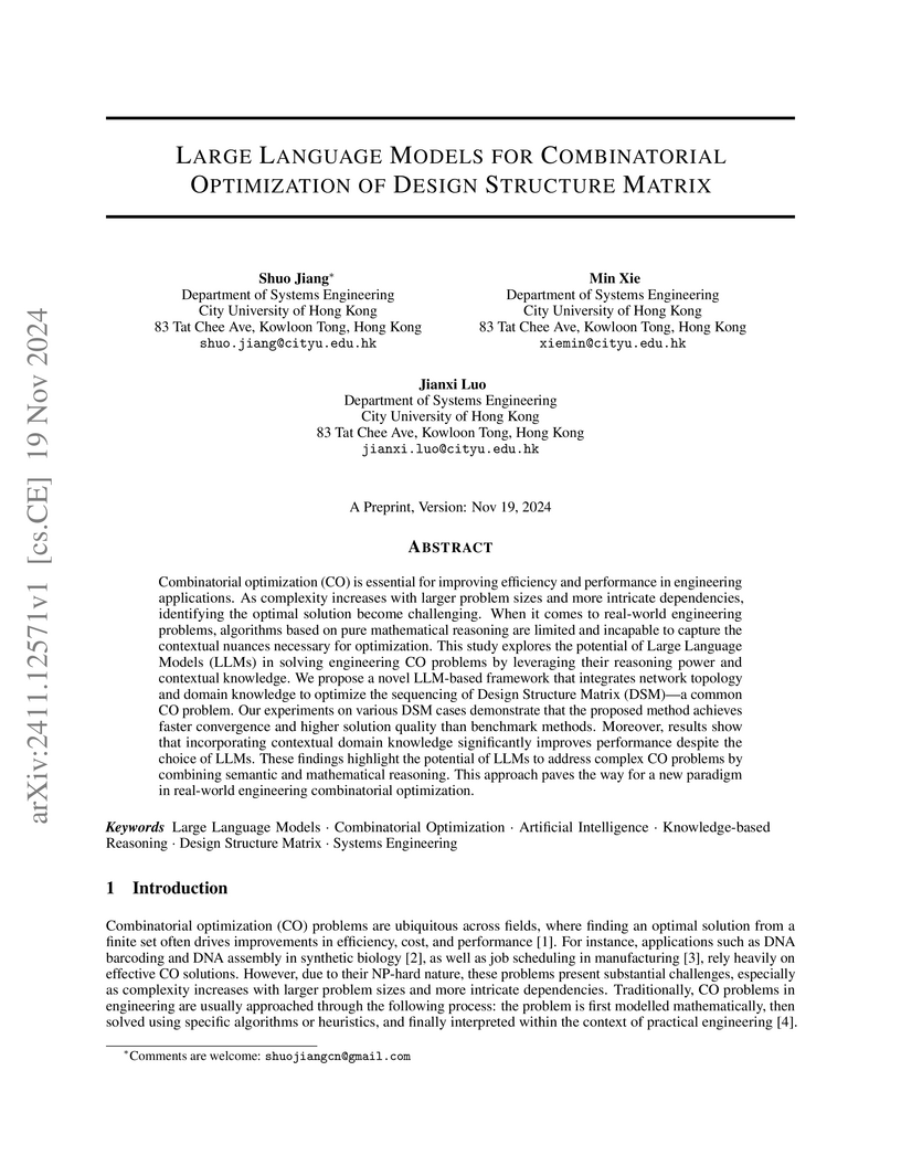 Large Language Models for Combinatorial Optimization of Design Structure Matrix | alphaXiv